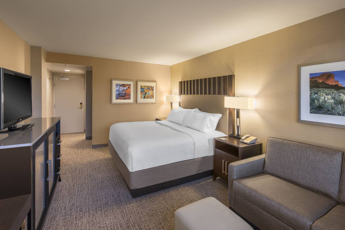 Quarto de hotel com cama, televisão, escrivaninha, luminária, sofá e um quadro na parede.