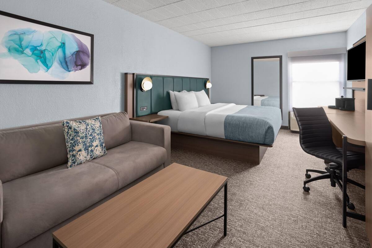 Quarto de hotel com cama, sofá, escrivaninha, cadeira, televisão e um quadro na parede.