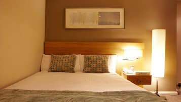 Quarto de hotel com cama, duas almofadas estampadas, cabeceira, mesa de cabeceira com abajur e um quadro na parede.