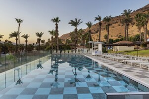 Piscina com padrão quadriculado e barreira de vidro, rodeada por palmeiras e um horizonte com colinas.