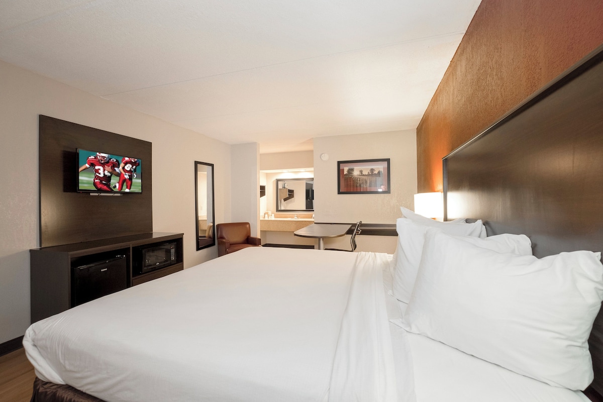 Quarto de hotel com cama, televisão, escrivaninha e espelho.