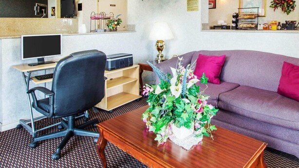 Quarto de hotel com escrivaninha, computador, cadeira de escritório, sofá e um arranjo floral decorativo.