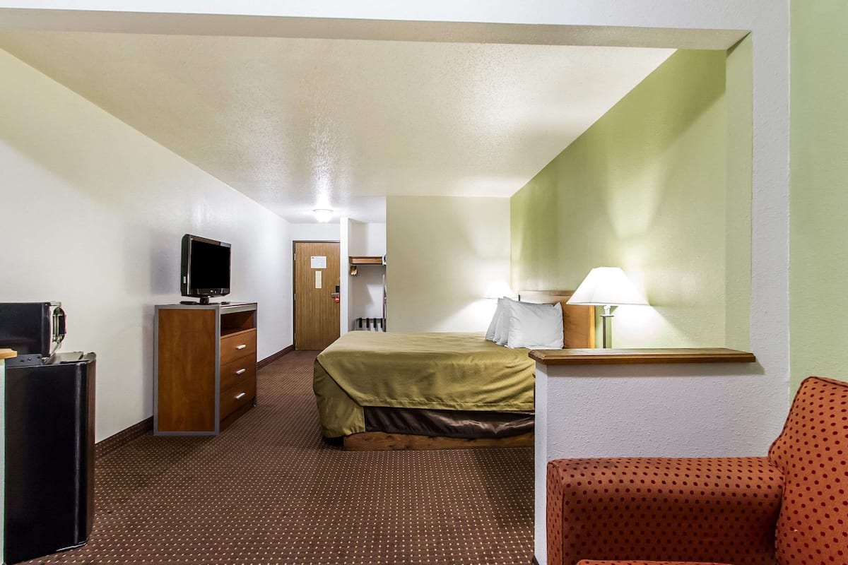 Quarto de hotel com cama, escrivaninha com televisão, cadeira, luminária e pequeno frigorífico.