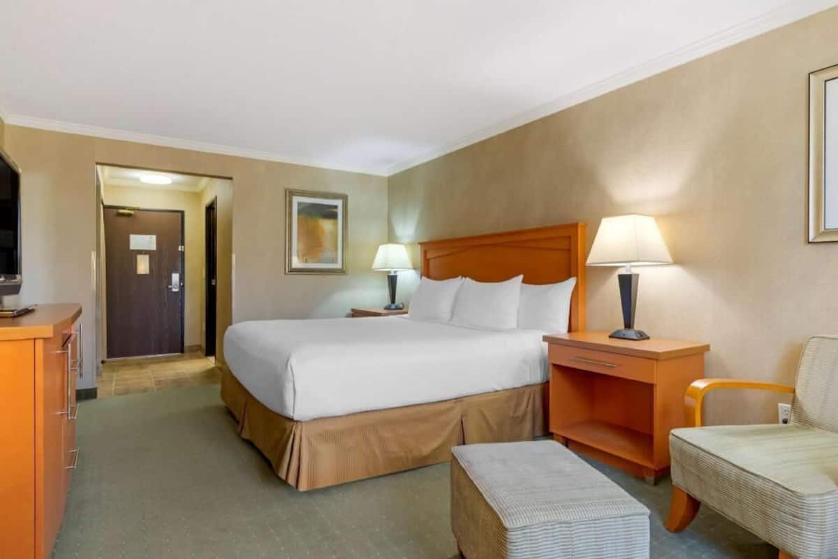 Quarto de hotel com cama, mesas de cabeceira, uma cadeira, escrivaninha e televisão.