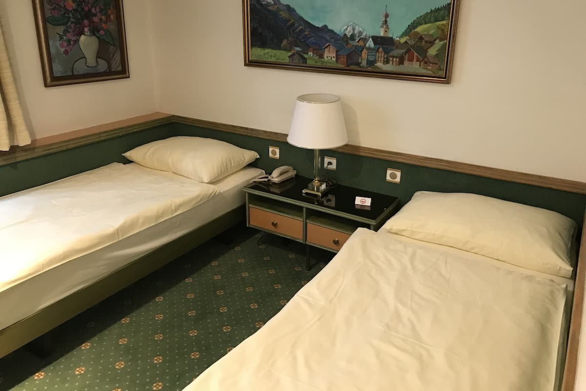 Quarto de hotel com duas camas de solteiro, mesa de cabeceira com abajur, telefone e um quadro de uma aldeia na montanha na parede.