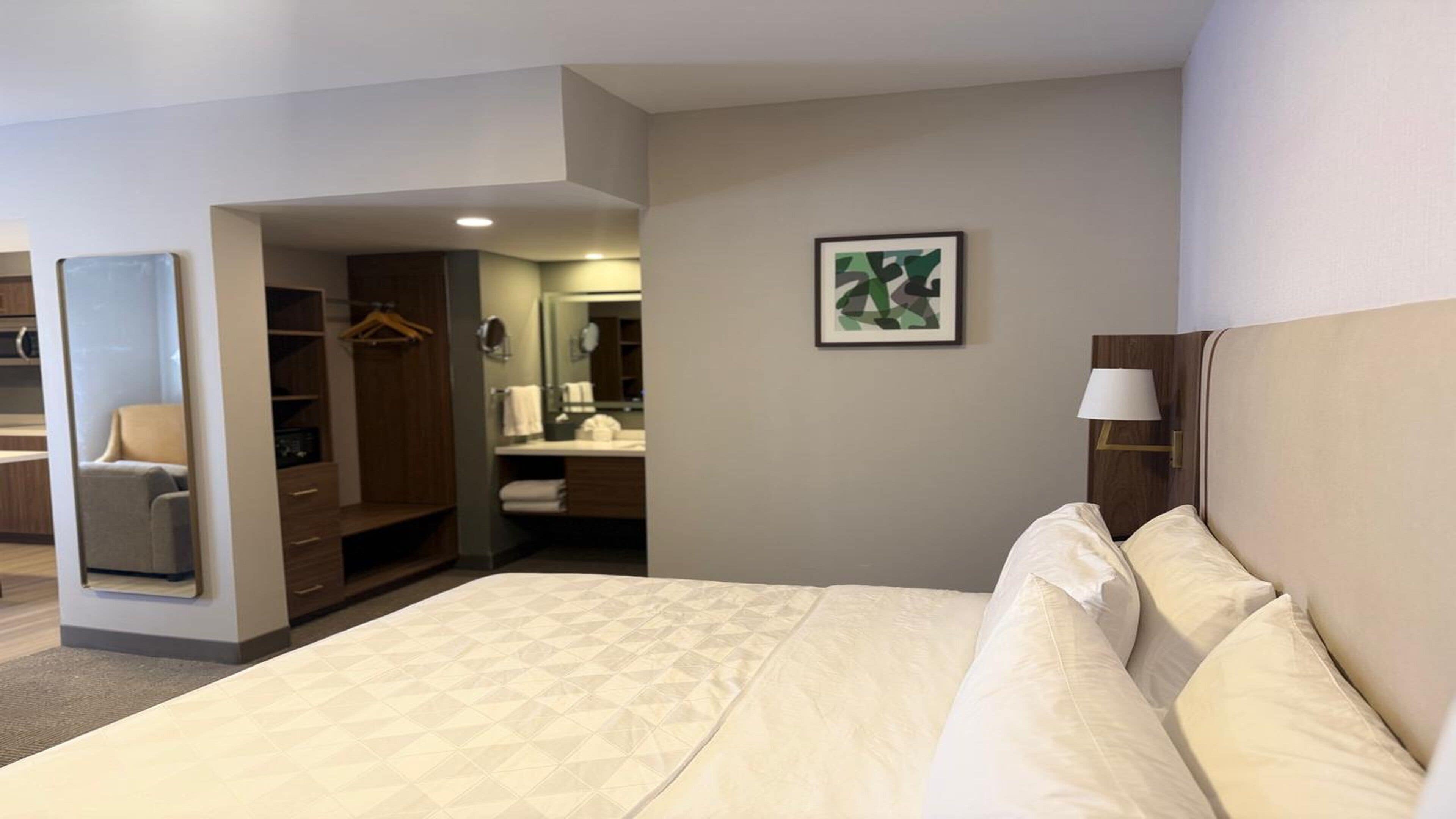 Quarto de hotel com cama, closet espaçoso, banheiro e um quadro na parede.