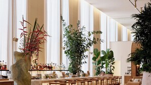 Uma área de bar moderna com bancada de mármore, cadeiras de madeira e plantas em vasos.