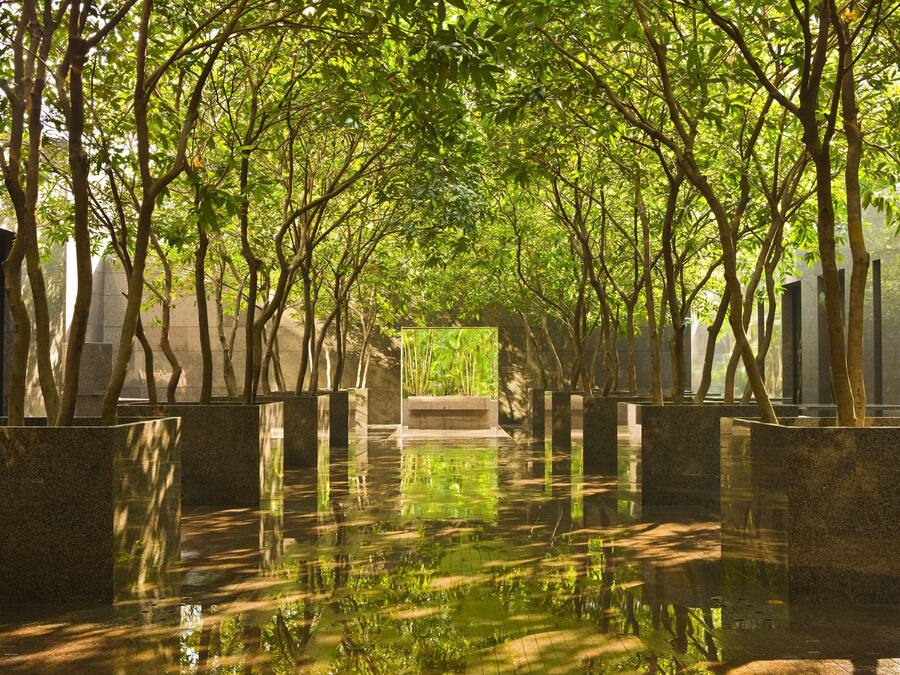 Um jardim interno tranquilo com um espelho d'água, rodeado por árvores altas e vasos de pedra.