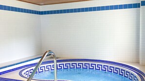 Uma piscina com azulejos de mosaico azul e teto de madeira.
