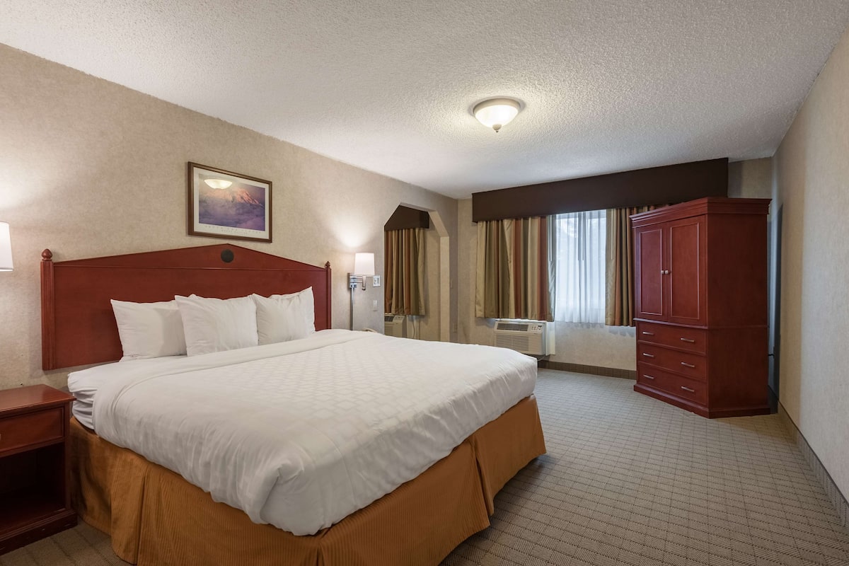 Quarto de hotel com uma cama grande, cabeceira de madeira, mesa de cabeceira, guarda-roupa e janela com cortinas.
