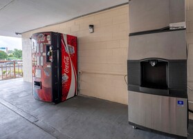 Máquina de refrigerantes Coca-Cola e uma geladeira de aço inoxidável em ambiente externo.