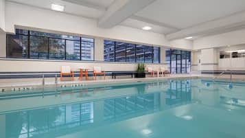 Piscina interna, funciona das 6h às 23h, espreguiçadeiras