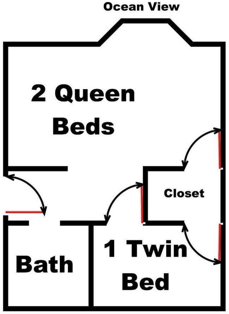 Layout do quarto com 2 camas de casal, 1 cama simples, um armário e um banheiro.