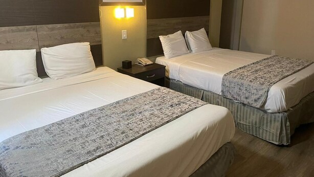 Quarto de hotel com duas camas, cada uma com lençóis brancos e manta estampada. Há uma mesa de cabeceira com telefone e luminária entre as camas. Um quadro emoldurado está pendurado na parede acima da mesa de cabeceira.