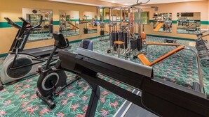 Uma academia com equipamentos de cardio, aparelhos de musculação e espelhos.