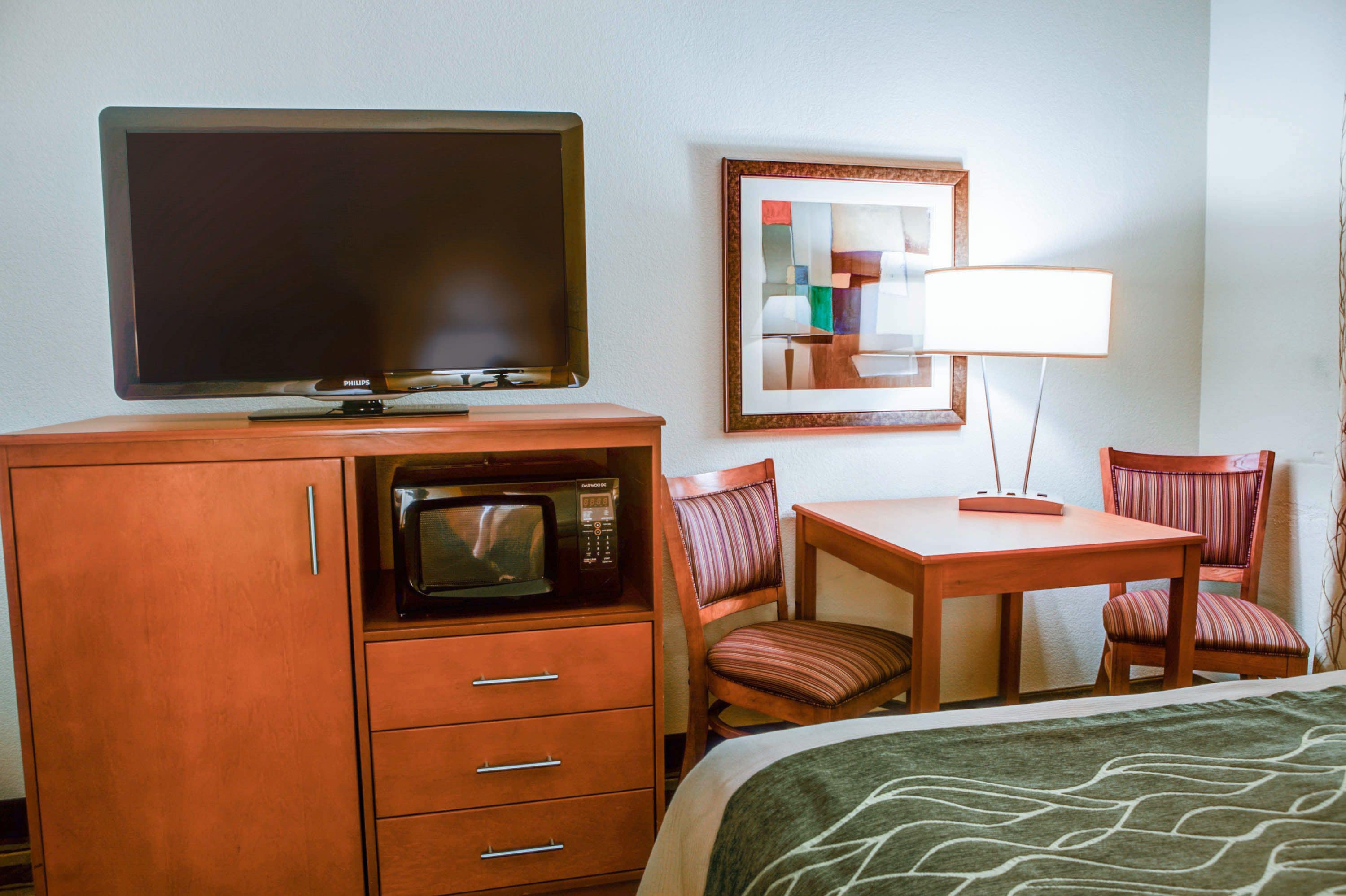 Quarto de hotel com cama, televisão, micro-ondas, secretária e uma cadeira, e uma moldura na parede.