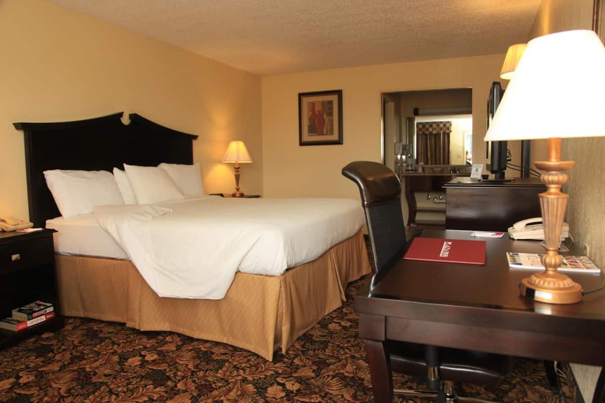 Quarto de hotel com cama, mesa de cabeceira, luminária, cadeira, escrivaninha e espelho.