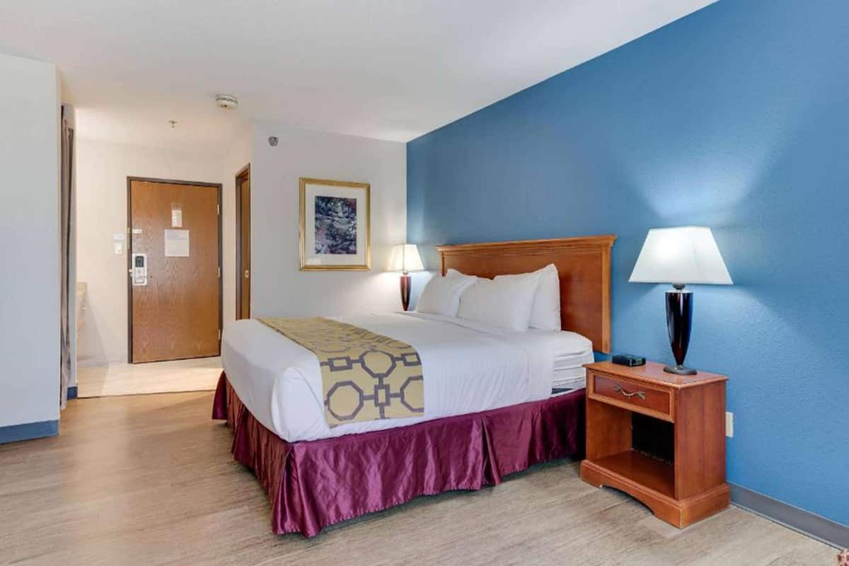 Quarto de hotel com uma cama, duas luminárias de cabeceira, uma mesinha de cabeceira de madeira, uma porta e um quadro na parede.