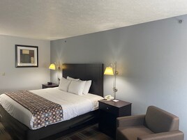 Quarto de hotel com uma cama grande, duas luminárias de cabeceira, uma cadeira, um criado-mudo e um quadro na parede.