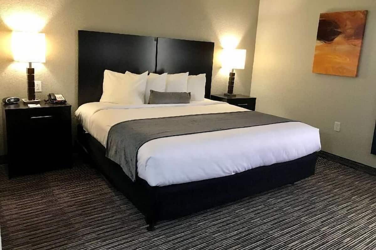Quarto de hotel com uma cama grande, duas mesas de cabeceira, um criado-mudo e um quadro na parede.