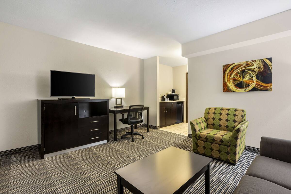 Quarto de hotel com televisão de tela plana, mesa de jantar com cadeiras, sofá, poltrona estampada e um quadro na parede.