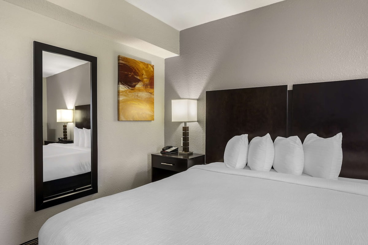 Quarto de hotel com uma cama grande, uma mesa de cabeceira com abajur, um espelho e um quadro na parede.