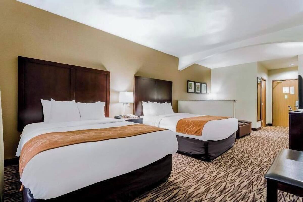 Quarto de hotel com duas camas, piso coberto por carpete, cabeceira de madeira, mesa de cabeceira e escrivaninha.