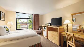 Quarto de hotel com cama, escrivaninha, cadeira, televisão e janelas amplas.