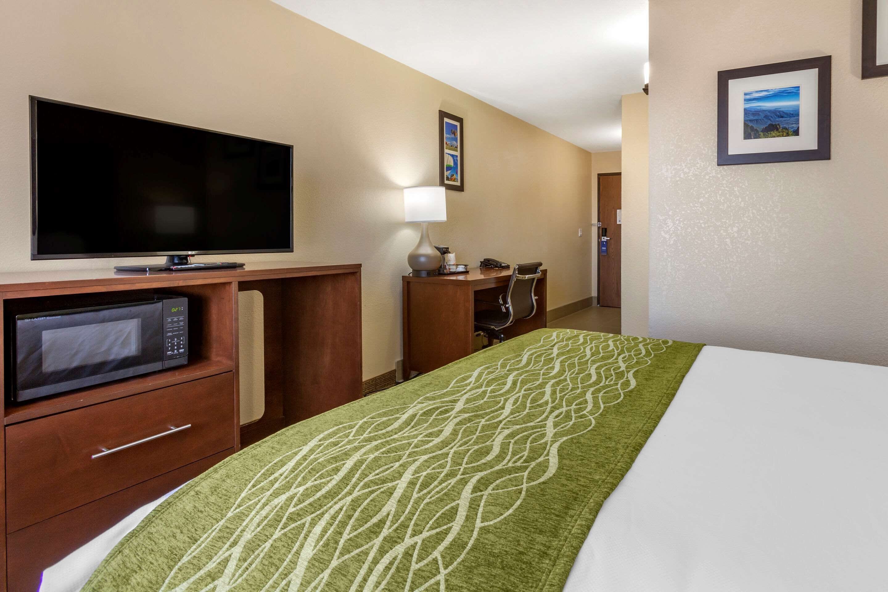 Quarto de hotel com cama, televisão, micro-ondas, escrivaninha e uma cadeira.