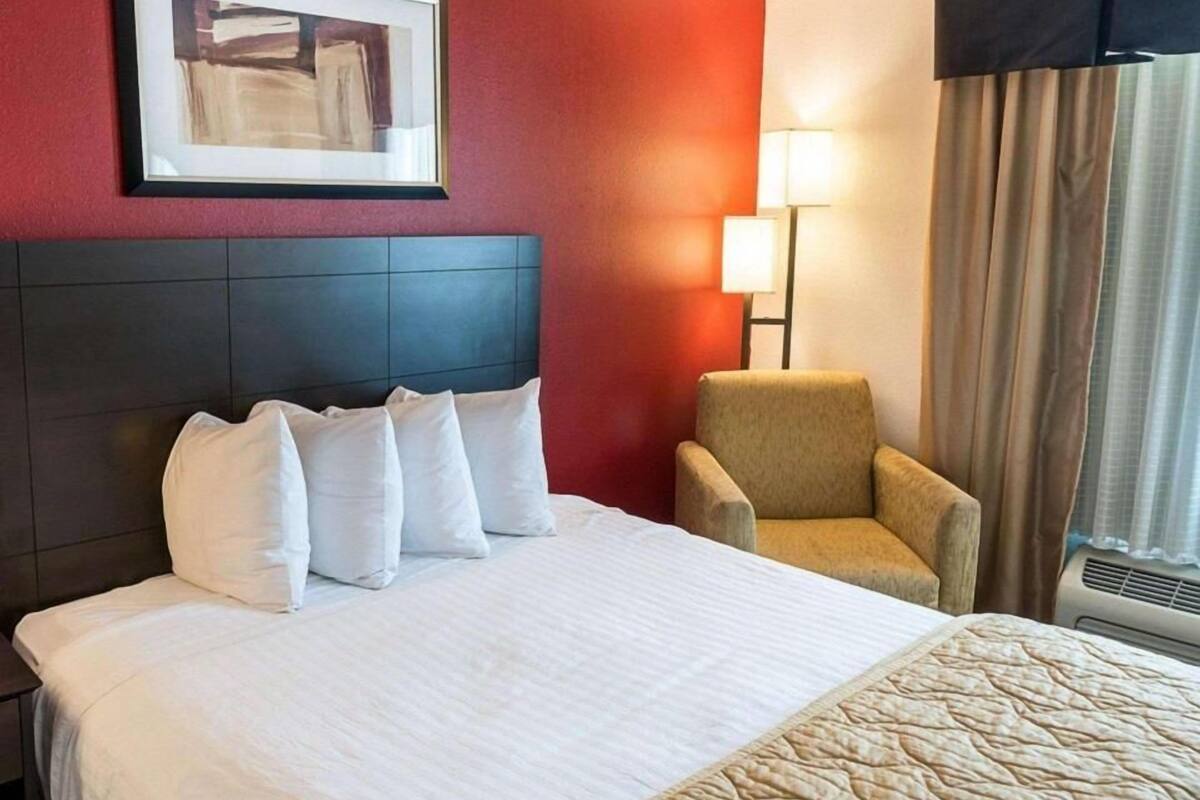 Quarto de hotel com cama, almofadas, cadeira, luminária e janela com cortinas.