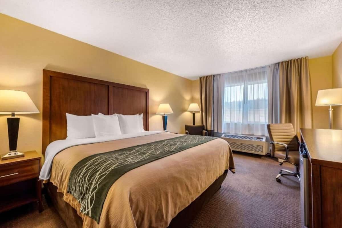 Quarto de hotel com uma cama grande, duas mesas de cabeceira, uma escrivaninha, uma cadeira e uma janela com cortinas.