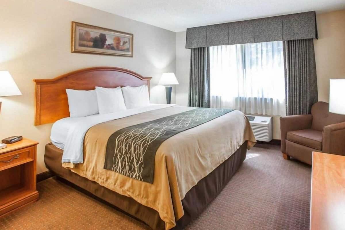 Quarto de hotel com cama, mesas de cabeceira, uma cadeira, abajur, quadro na parede e janela com cortinas.
