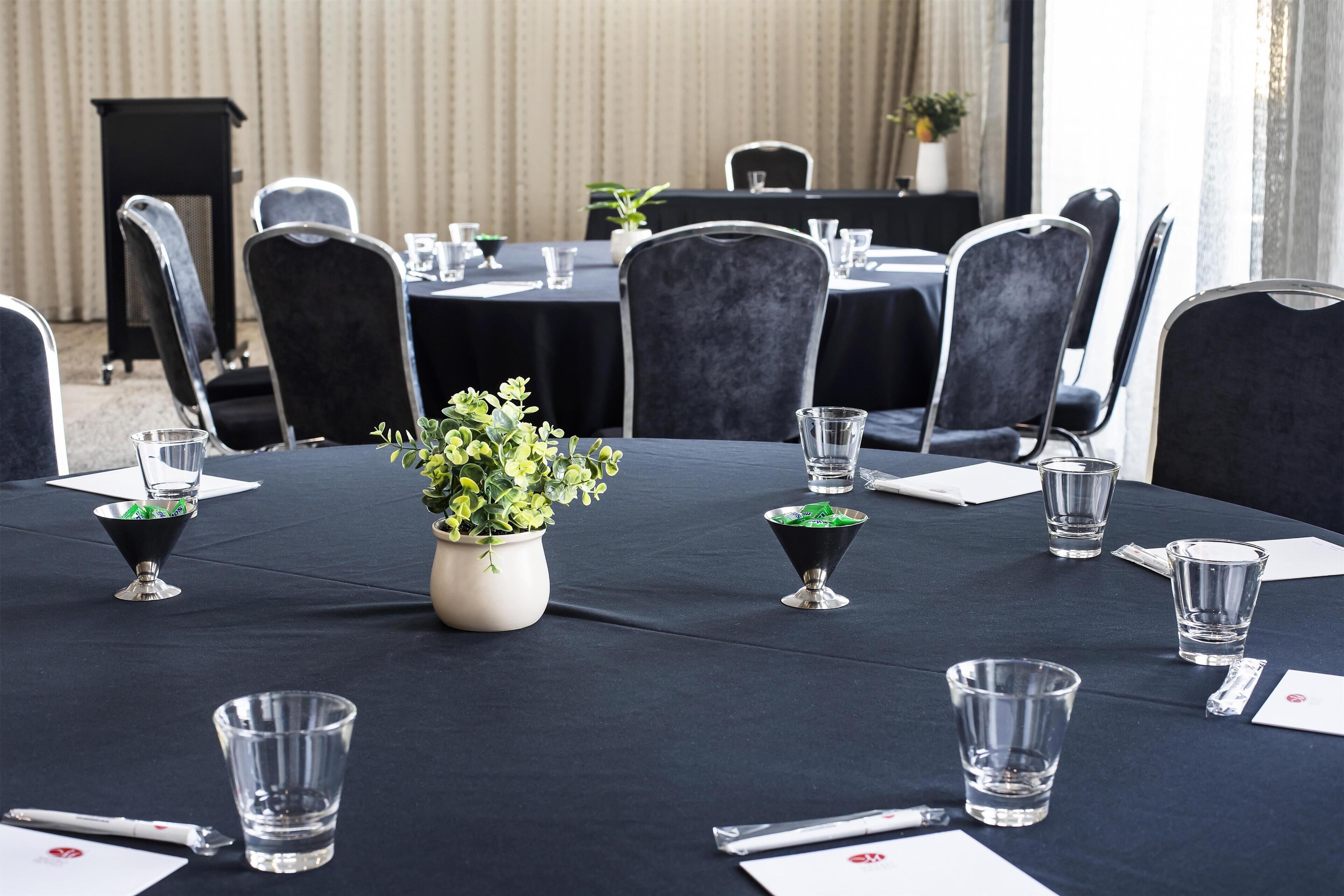 Sala de conferências com mesas preparadas para reuniões, cadeiras e um vaso de planta.