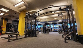 Uma academia com diversos equipamentos de exercícios, incluindo máquinas de peso e esteiras.