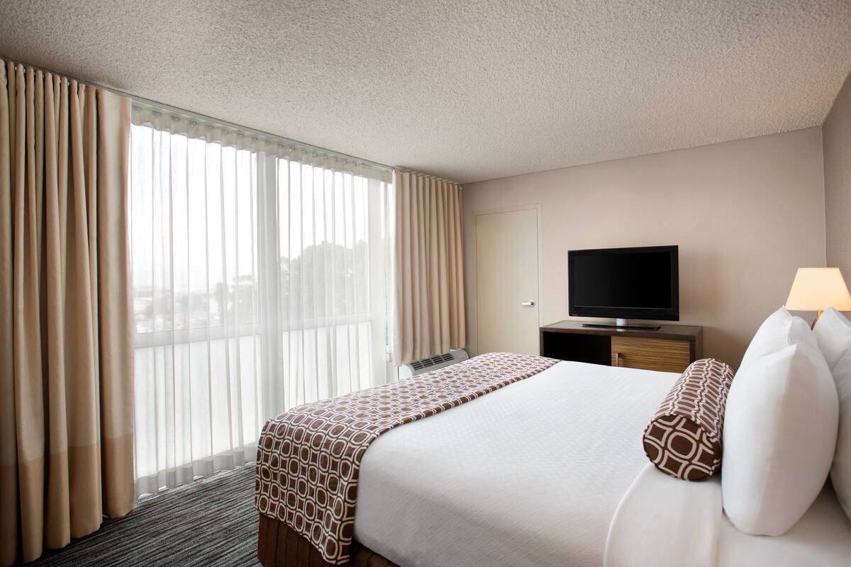 Quarto de hotel com uma cama grande, televisão de tela plana, escrivaninha e janela com cortinas.