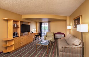 Quarto de hotel com televisão de tela plana, móveis de madeira, sofá listrado, mesa de centro de vidro e vista para o exterior.