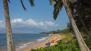 Uma praia com palmeiras, guarda-sóis e pessoas.