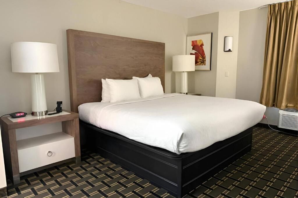 Quarto de hotel com uma cama grande, mesas de cabeceira, abajur, quadro e cortina.