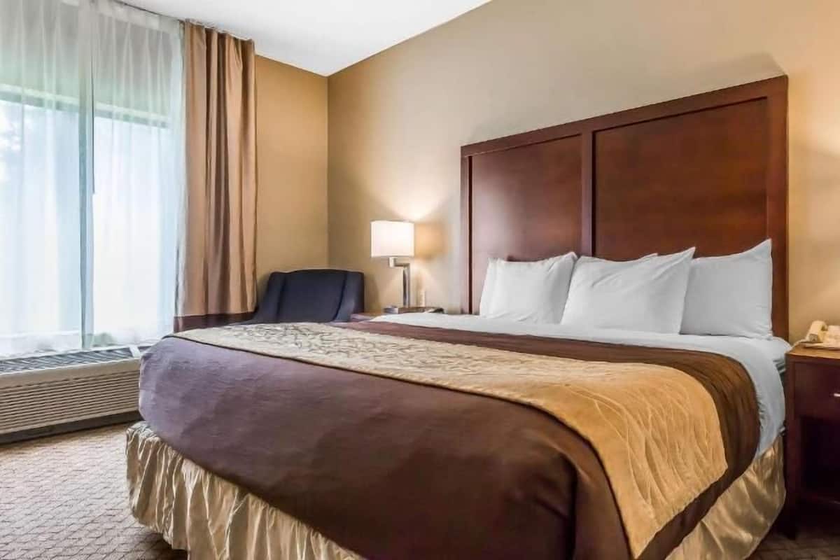 Quarto de hotel com uma cama grande, duas luminárias de cabeceira, uma cadeira e uma mesinha de cabeceira.
