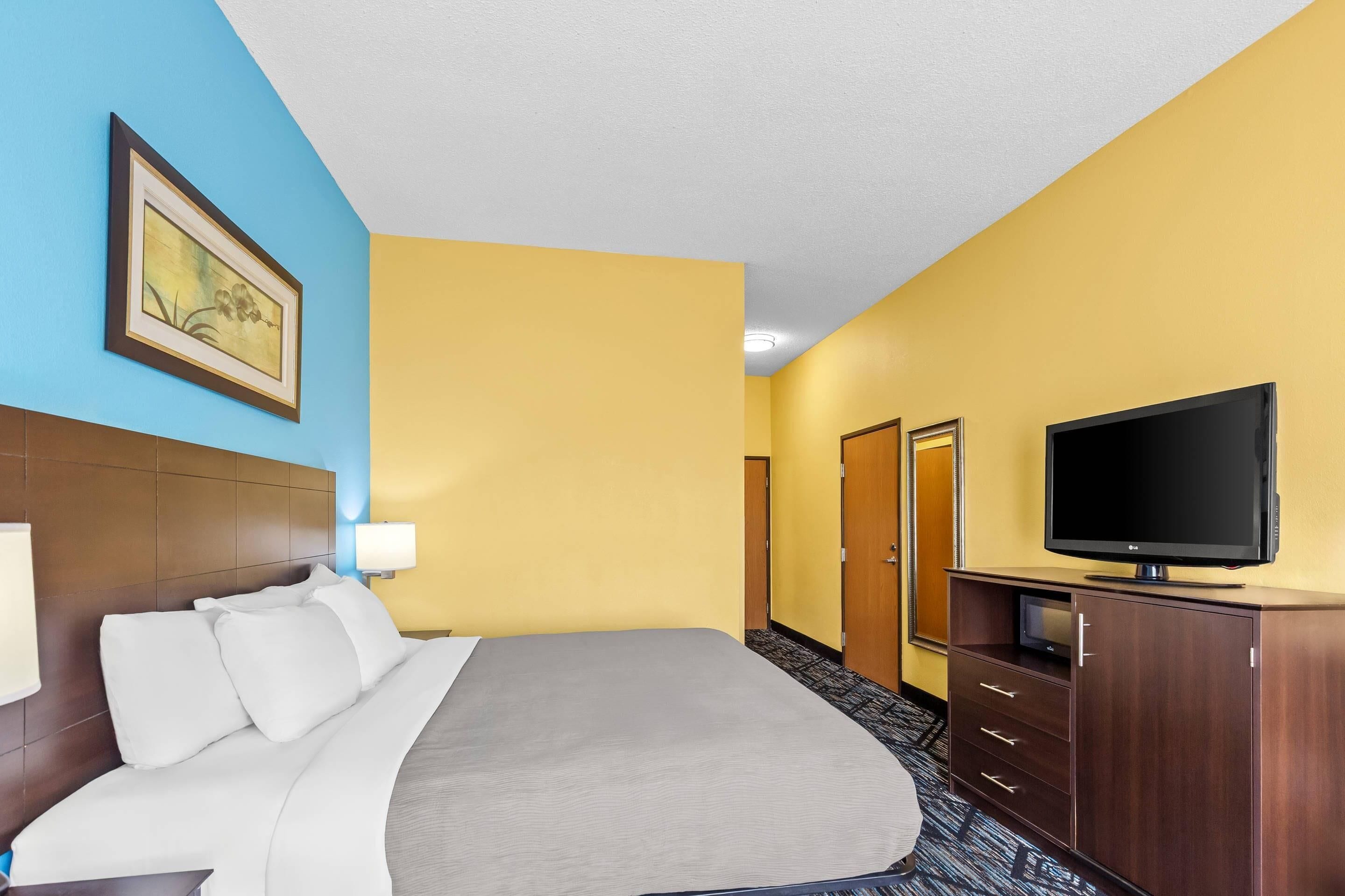 Quarto de hotel com uma cama, televisão, escrivaninha e um quadro na parede.
