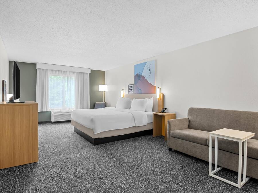 Quarto de hotel com cama, sofá, televisão, escrivaninha e um quadro na parede.