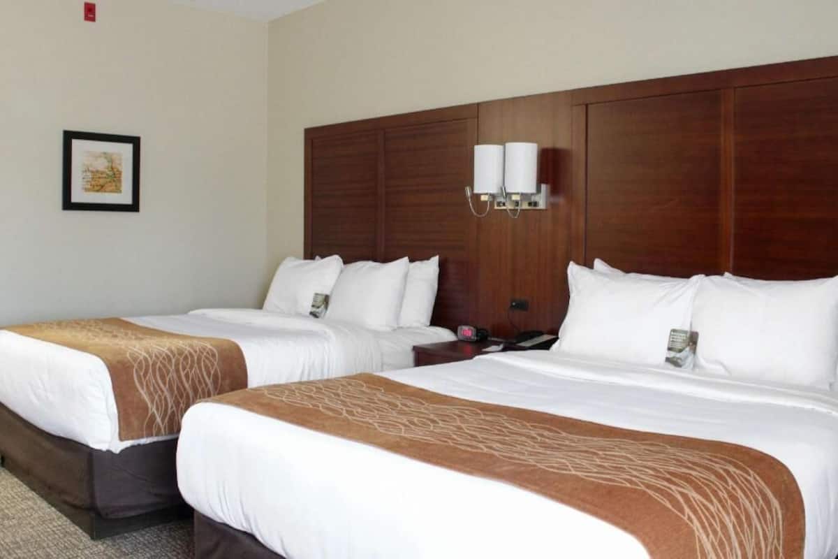 Quarto de hotel com duas camas, cabeceira de madeira, luminária na parede e quadro emoldurado.