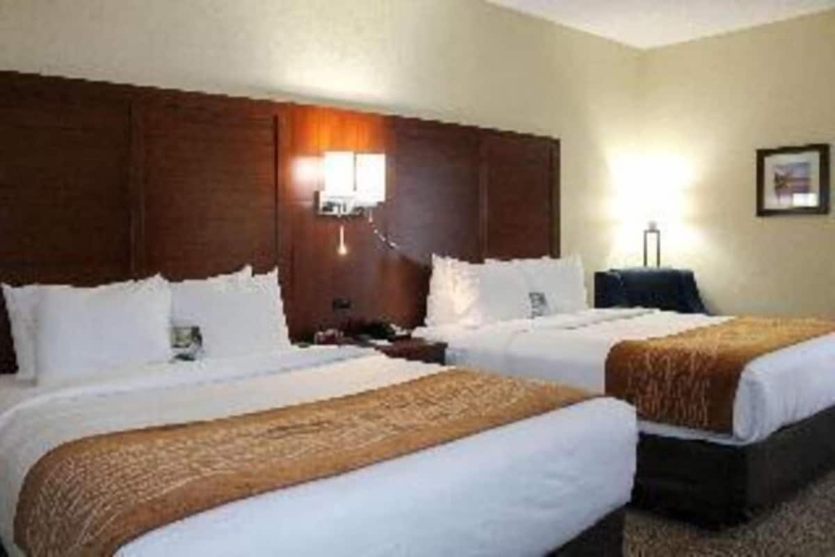 Quarto de hotel com duas camas, uma cabeceira de madeira, uma mesinha de cabeceira e um abajur.