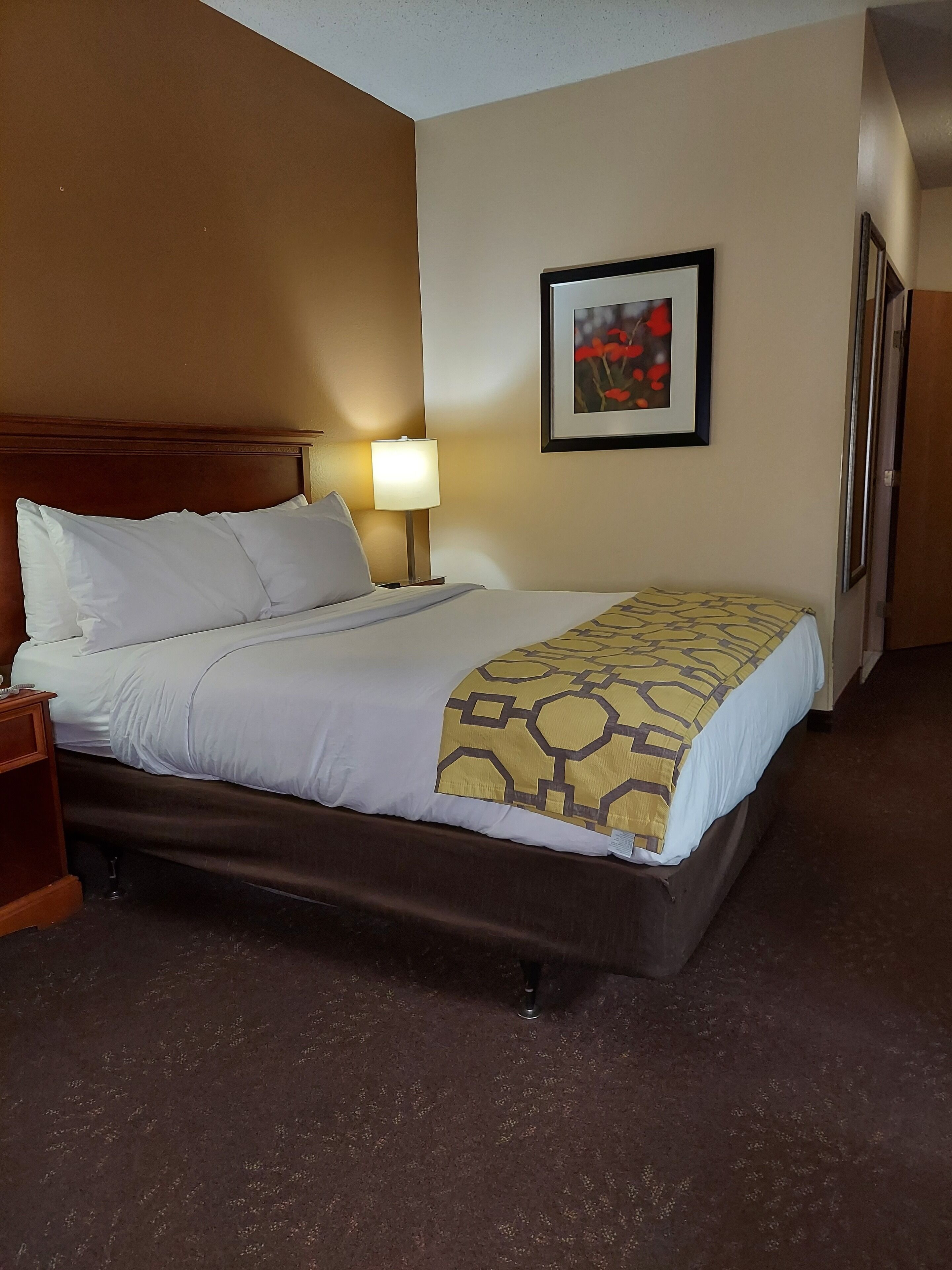 Quarto de hotel com uma cama, mesa de cabeceira, abajur e quadro na parede.