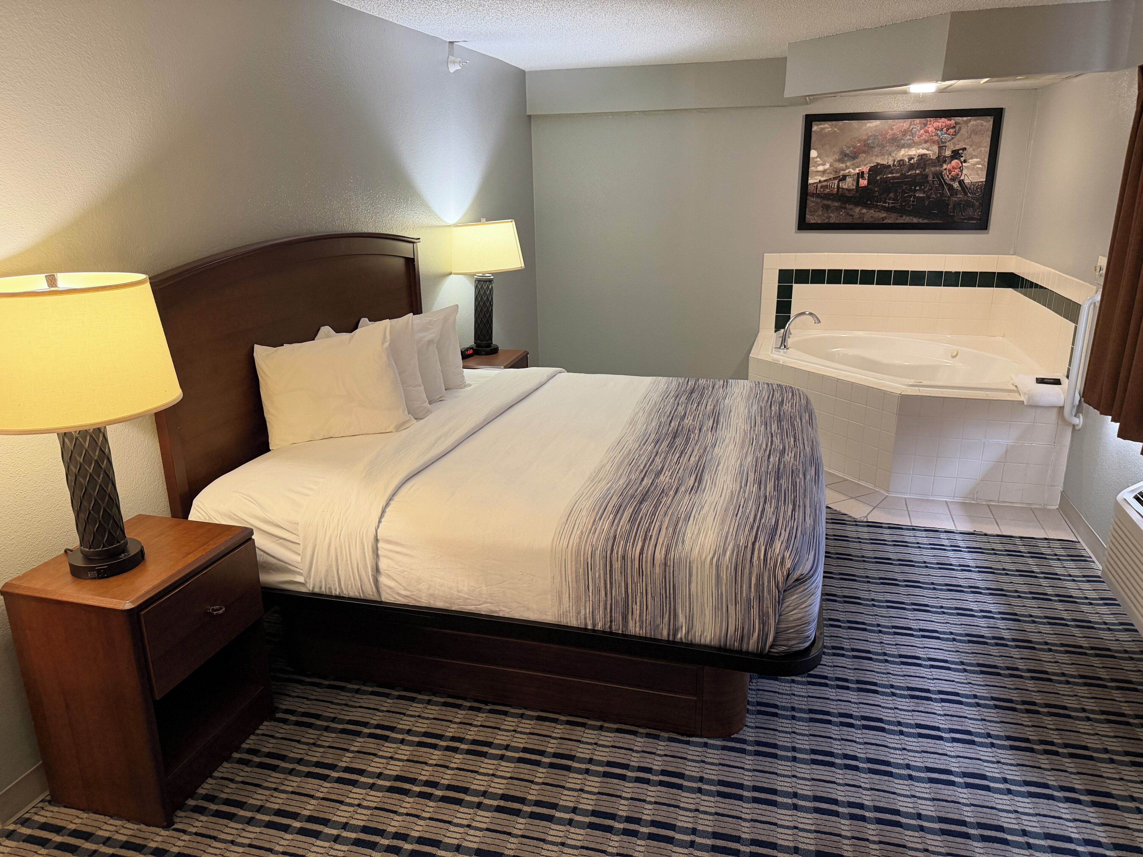 Quarto de hotel com cama, mesas de cabeceira, luminária, quadro e banheira.