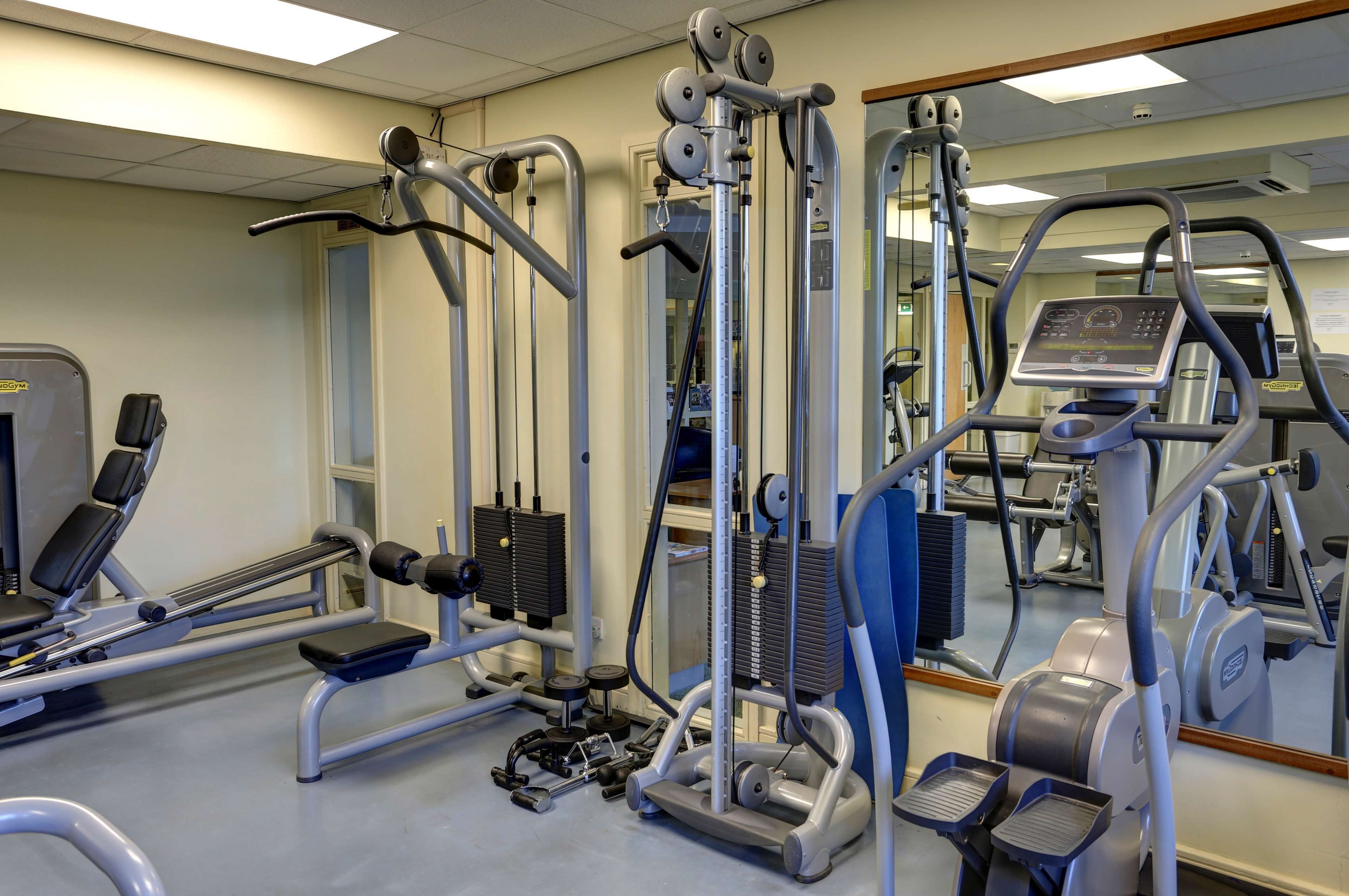 Uma academia com diversos equipamentos de exercício, incluindo esteiras, máquinas de musculação e pesos livres.