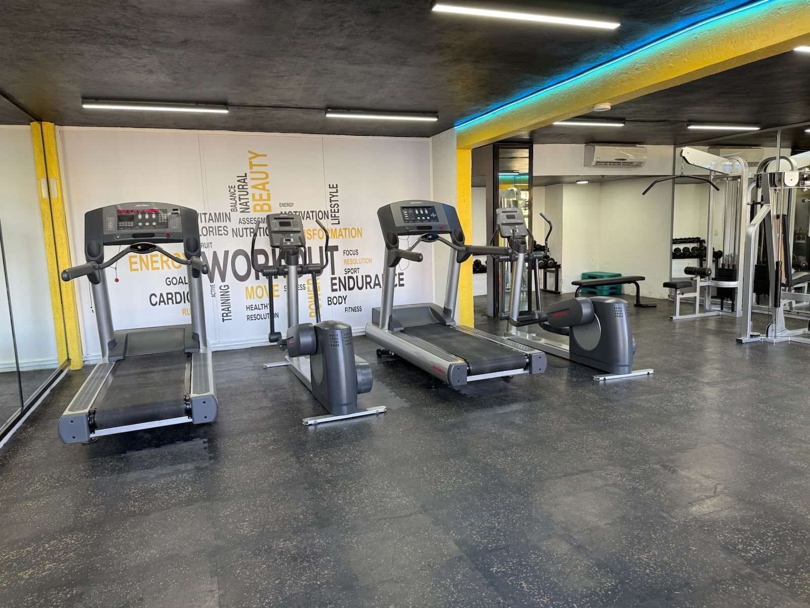 Uma academia com esteiras, elípticos e equipamentos de musculação.
