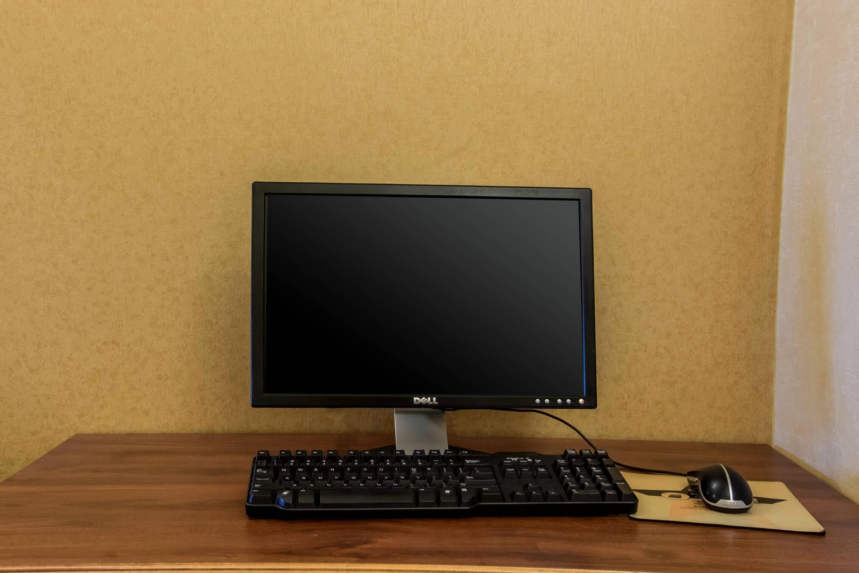 Um monitor Dell, um teclado preto e um rato sobre uma mesa de madeira em frente a uma parede bege.