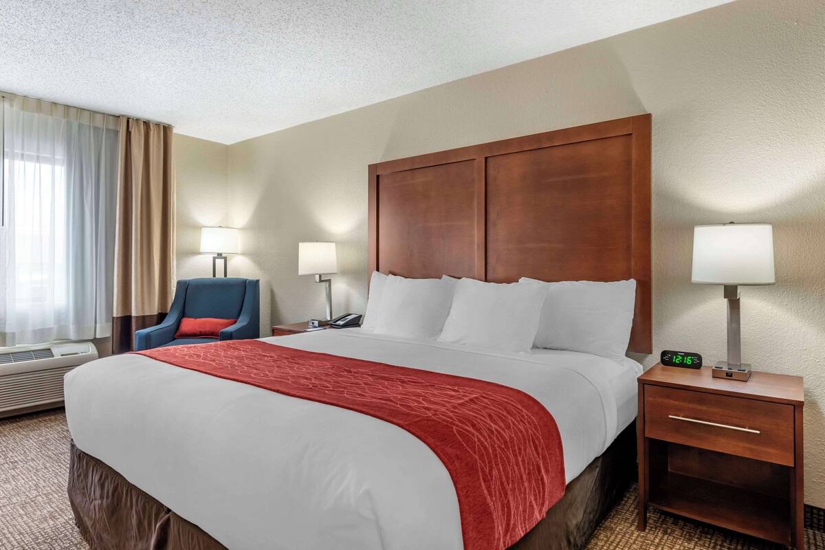 Quarto de hotel com uma cama grande, uma cadeira, duas mesas de cabeceira com abajures e um relógio.