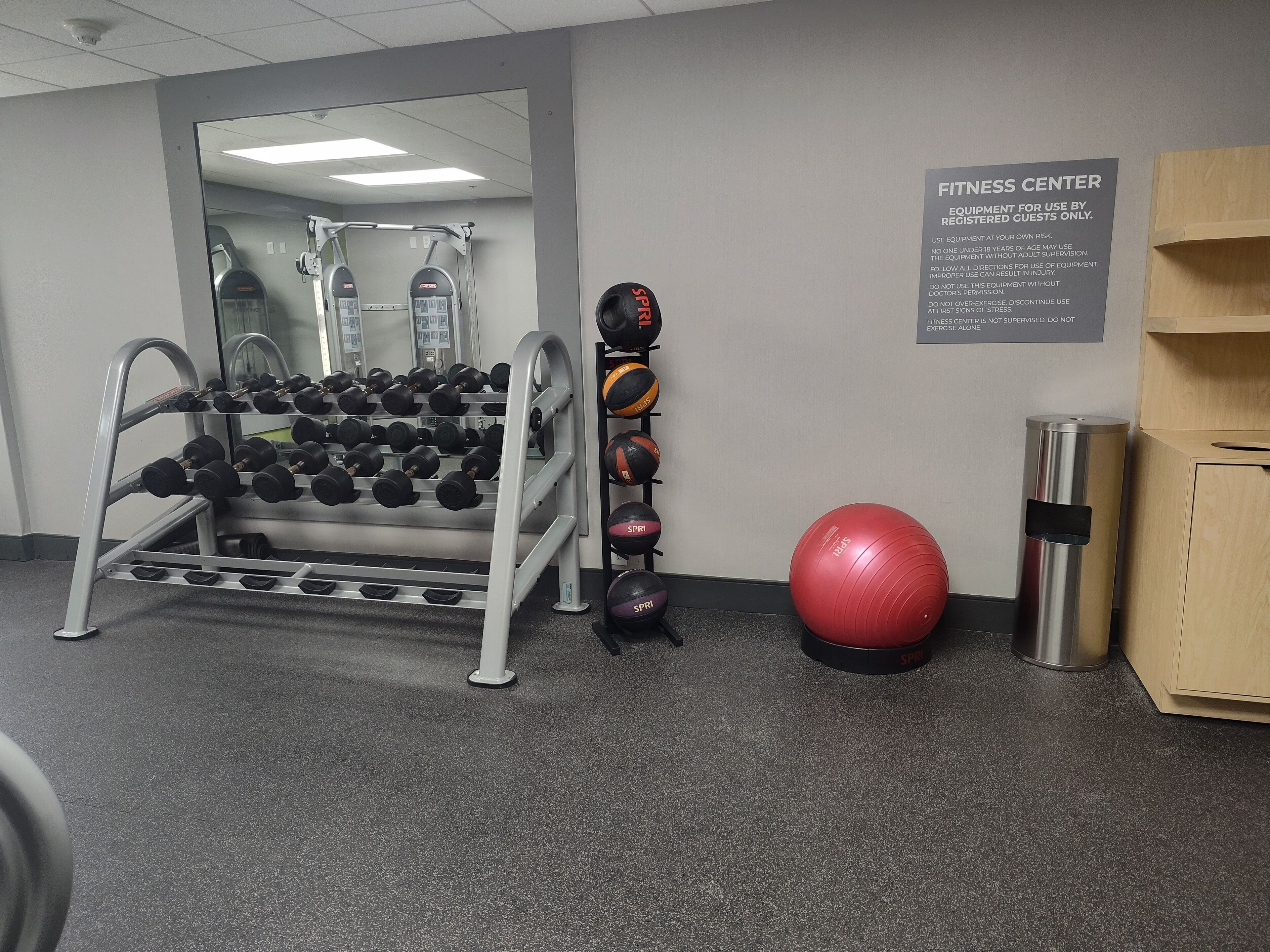 Centro de atividades físicas com um suporte de halteres, uma bola de exercícios vermelha e uma lixeira.